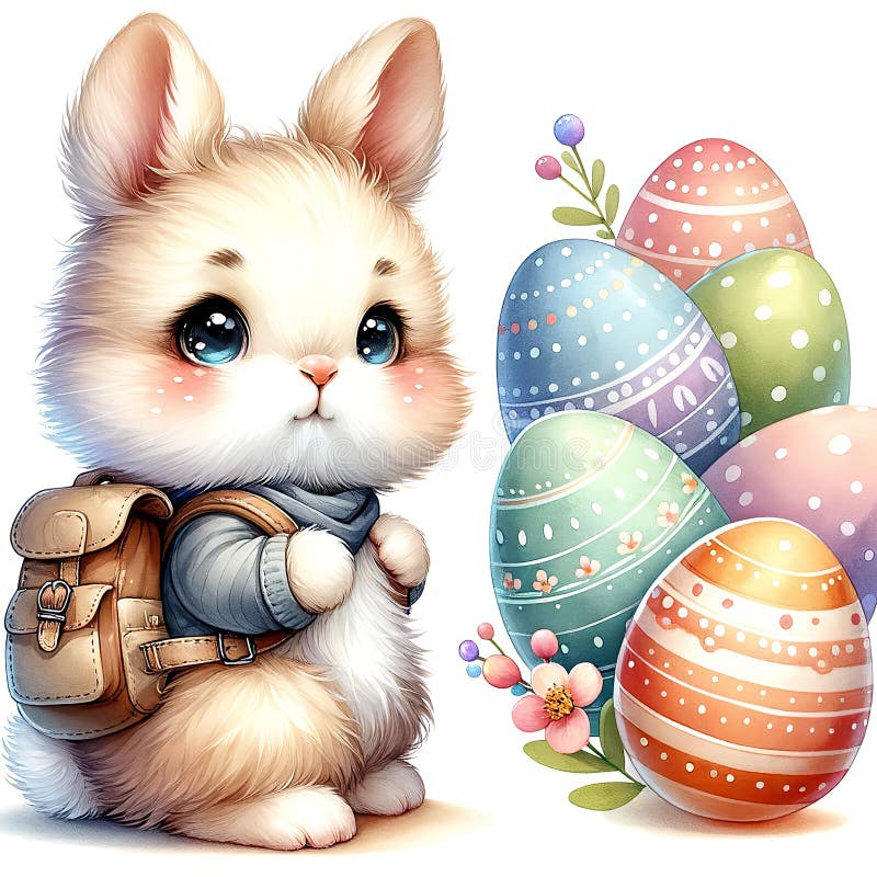 Bunny with a Backpack and Easter Eggs. Watercolor Illustrations on a ...