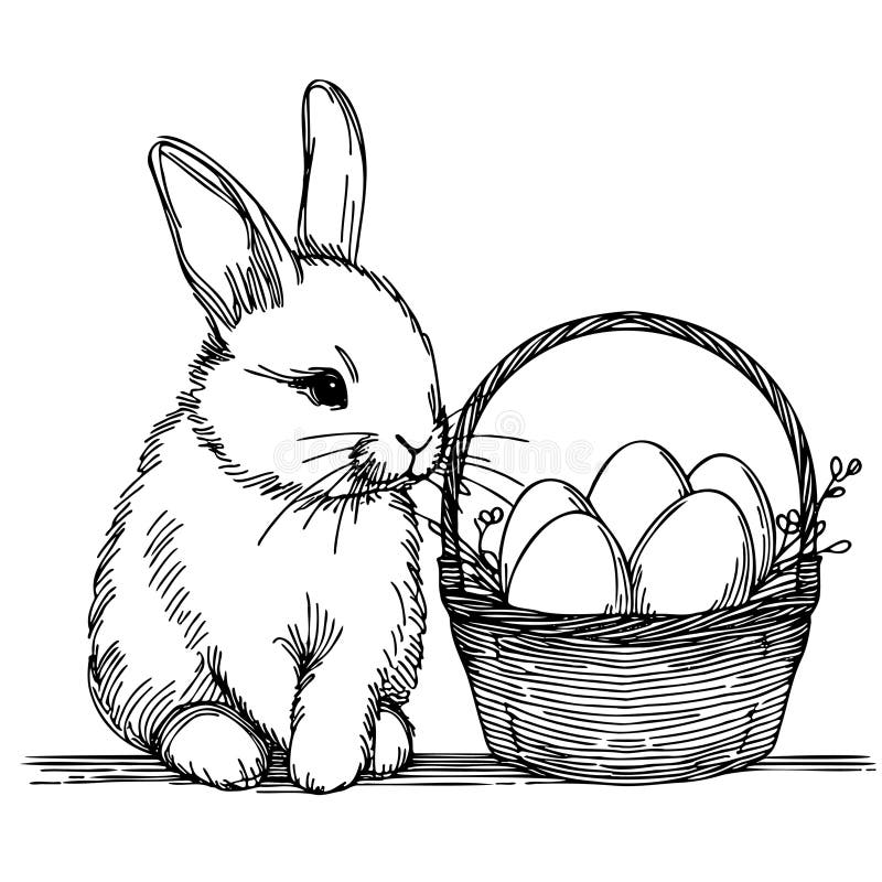 Bunny with a Basket and Eggs Easter Sketch.Vector Illustration Stock ...