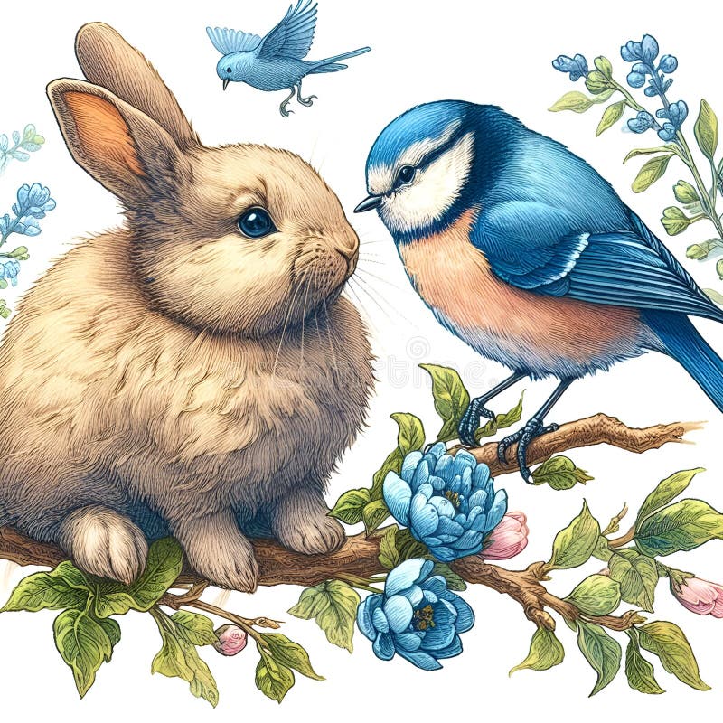 A Bunny and a Bluebird Sharing a Moment Stock Illustration ...