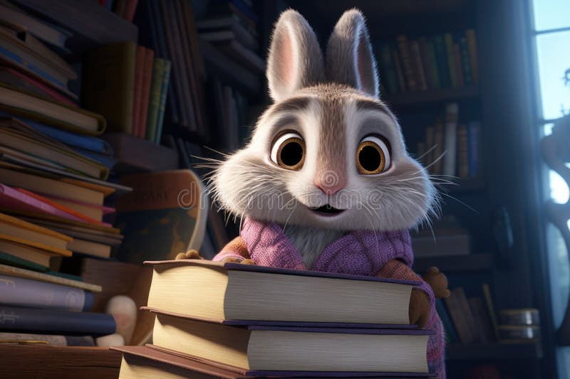 Bunny with Books in Library Stock Illustration - Illustration of ...