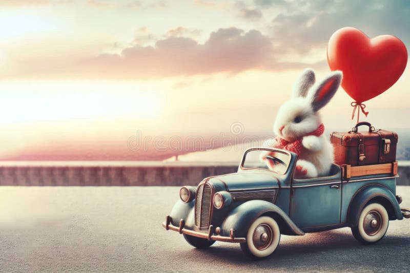 Bunny in a Car with a Balloon and a Suitcase. Space for Text. Stock ...