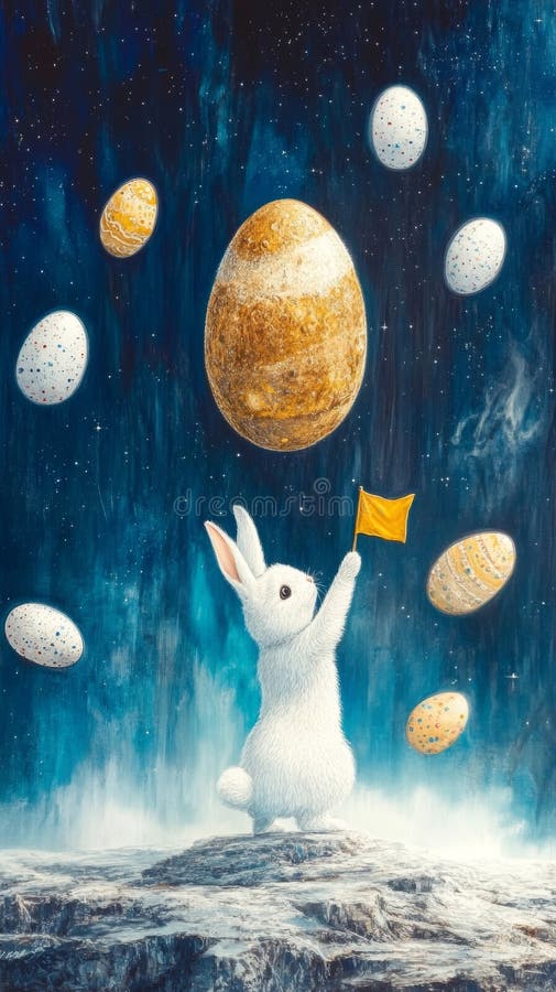 Bunny Celebrates Easter on the Moon while Holding an Egg Flag Amid ...