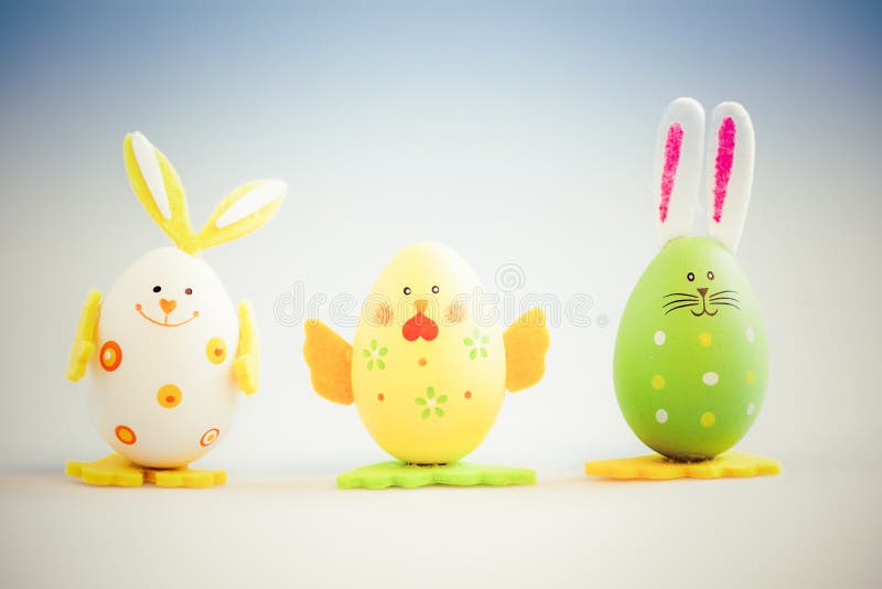 Bunny and Chicken Shaped Painted Easter Eggs Stock Photo - Image of ...