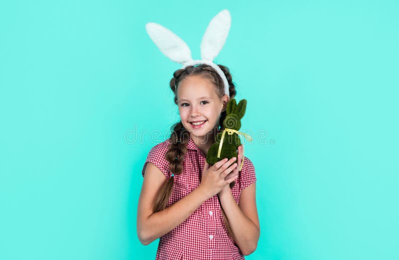 Bunny Child Hold Easter Rabbit Toy Ready for Egg Hunt, Easter Bunny ...