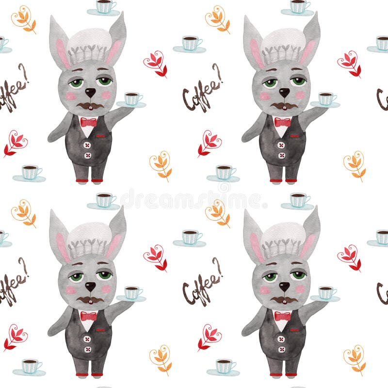 Bunny with Coffee Isolated on White Watercolor Seamless Stock ...