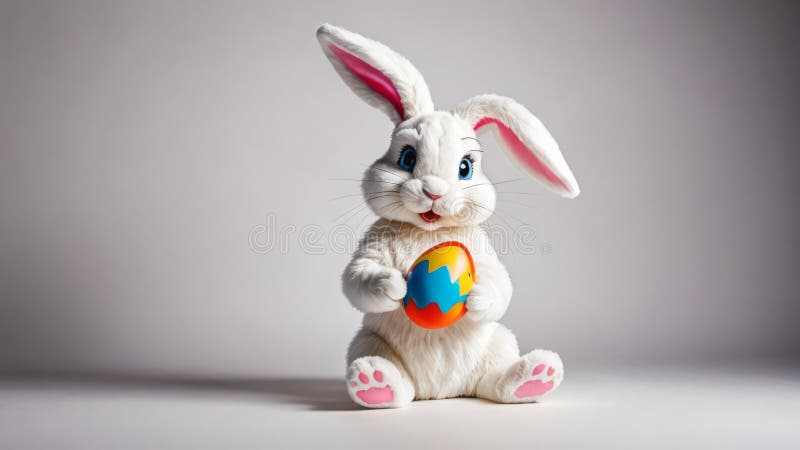 Bunny with a Colorful Egg Sitting on a Plain White Background Stock ...
