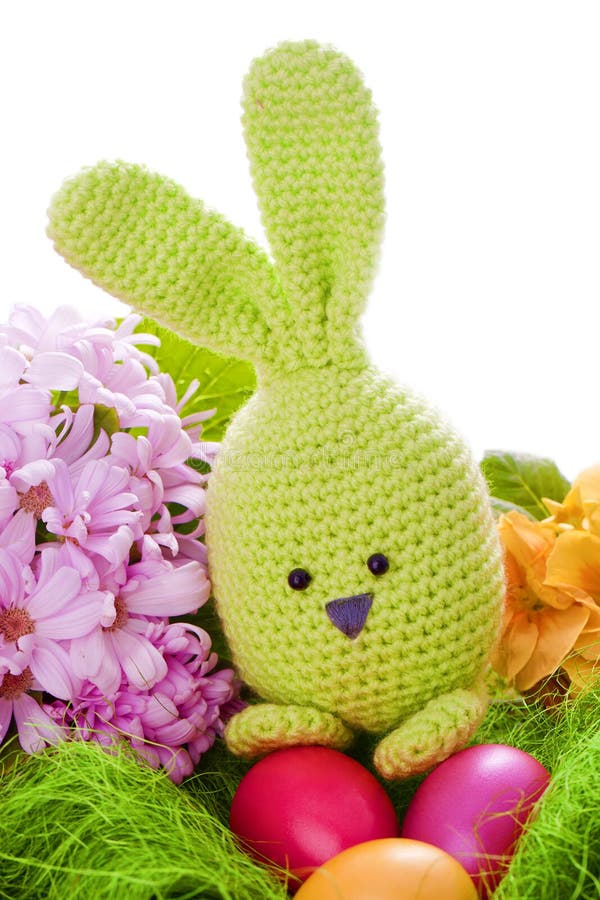 Easter Bunny with Colorful Flowers and Easter Eggs Stock Photo - Image ...