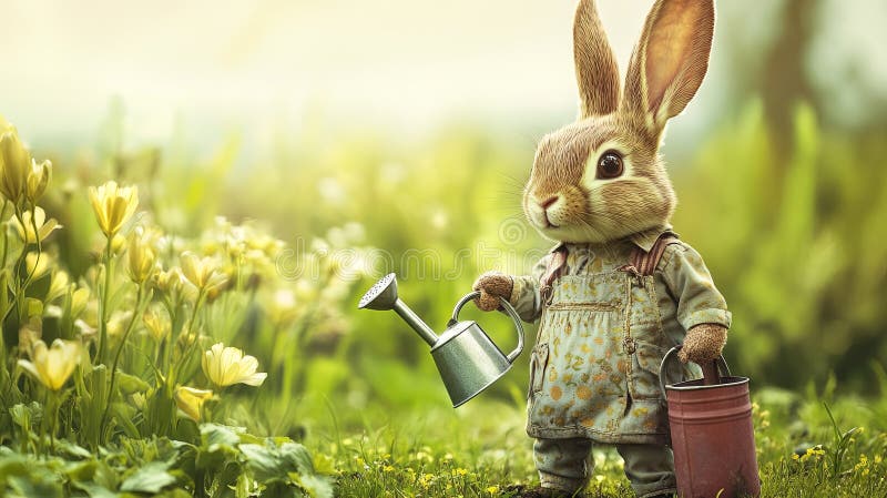 Bunny Dressed As a Gardener with a Tiny Watering Can, Nature Theme and ...