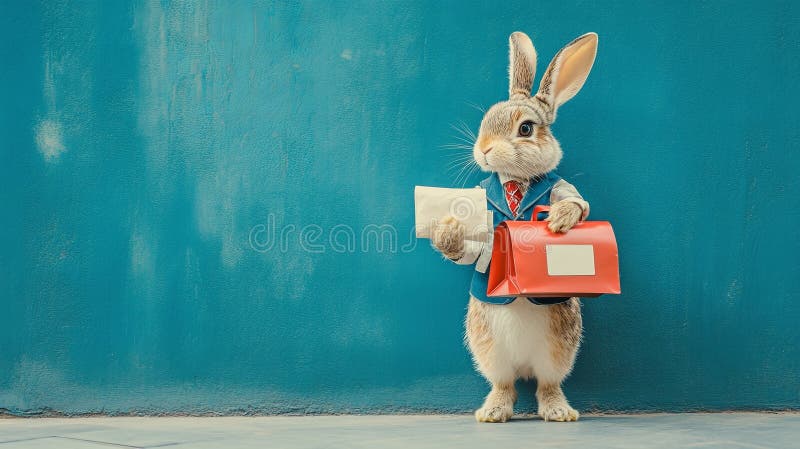 Bunny Dressed As a Mail Carrier with a Toy Mailbag, Postal Theme with ...