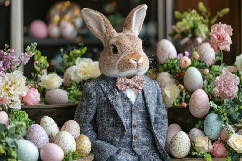 Bunny Dressed in a Suit Sits among Pastel Easter Eggs and Spring ...