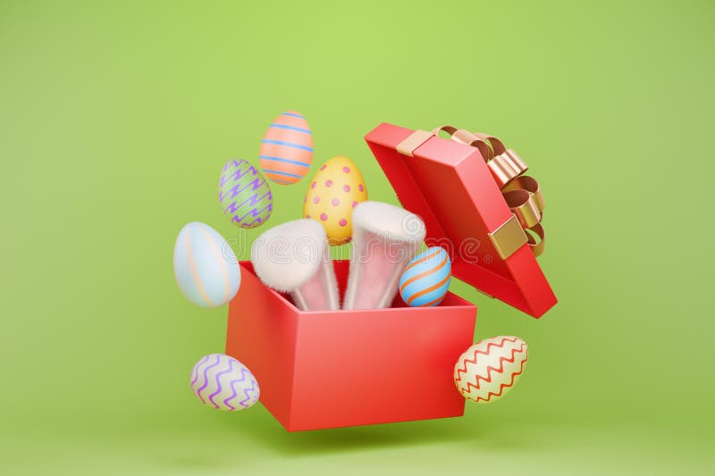 Bunny Ears in a Flying Open Gift Box with Easter Eggs. Stock ...