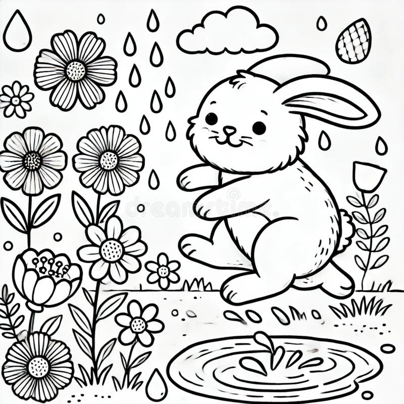 Bunny Easter Coloring Book with Bunny Jumping in Puddles in Springtime ...