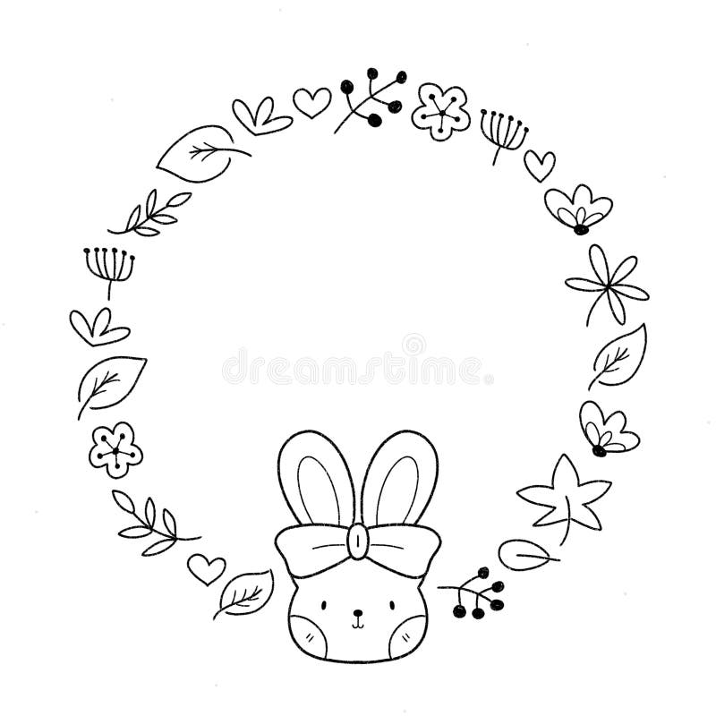 Bunny Easter Day Card Simple Design. Bunny Flowers Easter Circle Frame ...