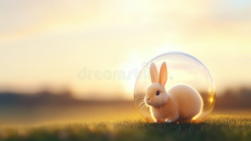Cute Rabbit Sits Inside Transparent Sphere on Grassy Field at Sunset ...