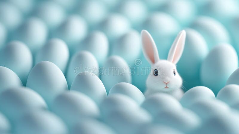 White Rabbit Surrounded by Pastel Blue Eggs in Soft, Dreamy Setting ...