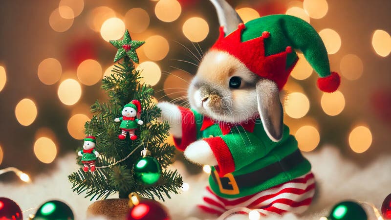 A Bunny in an Elf Costume, Decorating a Tiny Christmas Tree Stock ...