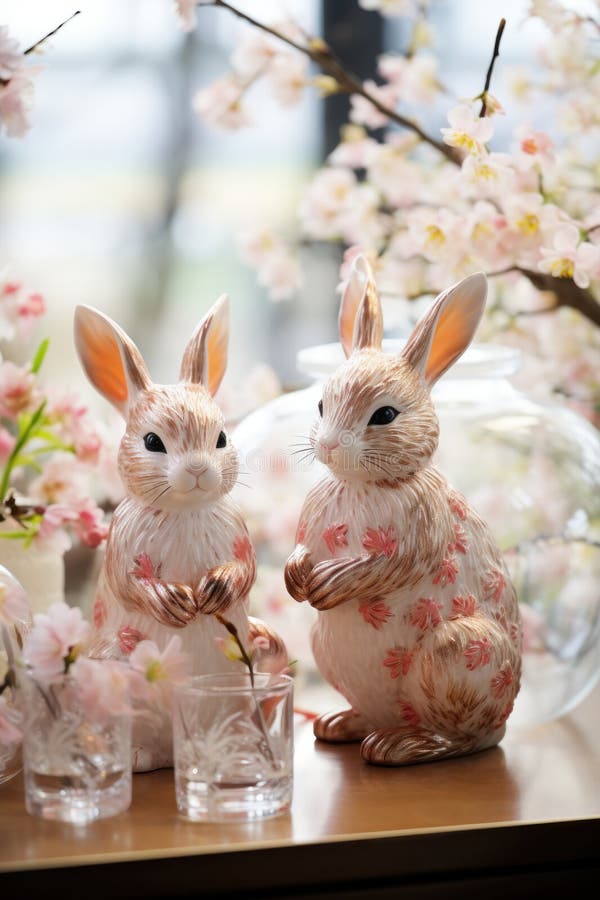 Bunny Figurines and Delicate Spring Blooms in Vases. Stock Image ...