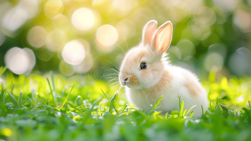 Bunny Fluffy Rabbit on Green Lawn, Easter Holiday Stock Illustration ...