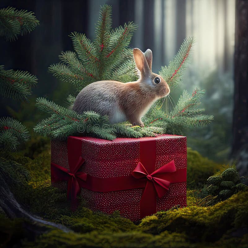 Bunny in Forest Near Pine Tree and Red Gift Box. Generative AI Art ...