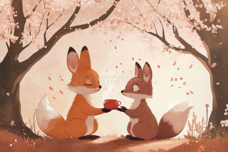 Bunny and Fox Enjoy Afternoon Tea Beneath Flowering Trees in Gentle ...