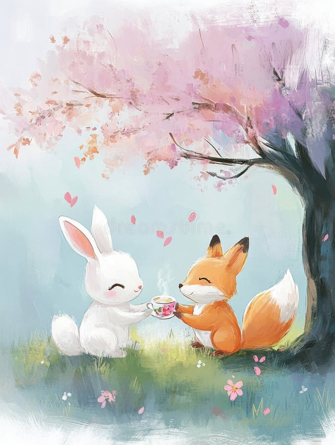 Bunny and Fox Enjoy Tea Together Under a Blossoming Tree in a Gentle ...