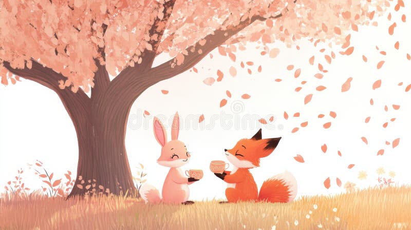 Bunny Fox Enjoy Tea Under Blossoming Tree Gentle Spring Setting Stock ...