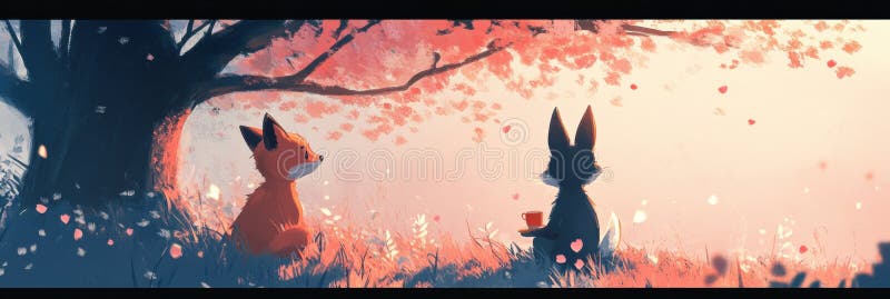 Bunny and Fox Enjoy Tea Under a Blossoming Tree in a Gentle Spring ...