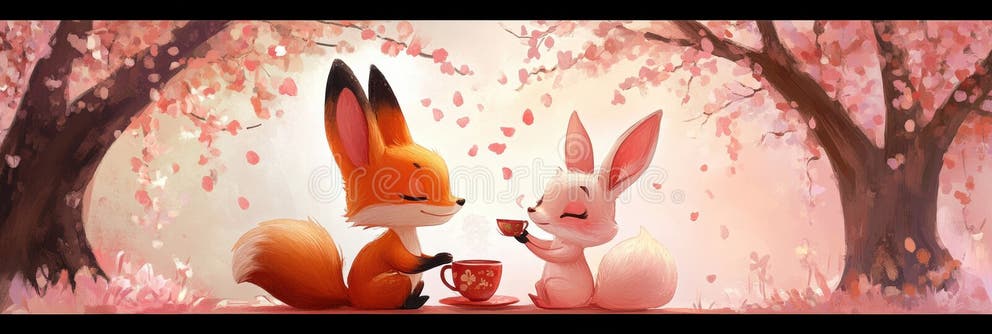 Bunny and Fox Enjoying Tea Under Blossoming Trees in a Gentle Spring ...