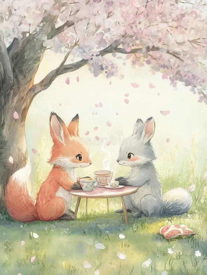 Bunny Fox Enjoying Tea Beneath Blossoming Tree Tranquil Spring Setting ...
