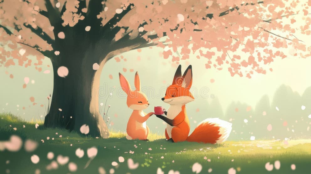 Bunny and Fox Enjoying Tea Under a Tree with Falling Blossoms in a Gentle Spring Setting Stock ...