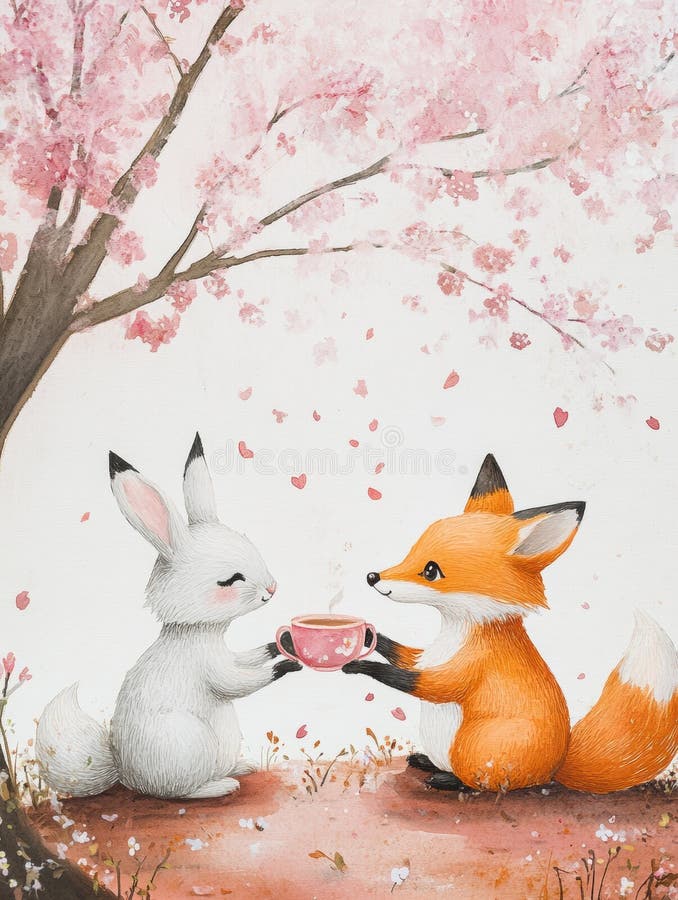Bunny and Fox Enjoying Tea Under a Tree with Falling Pink Blossoms in a ...