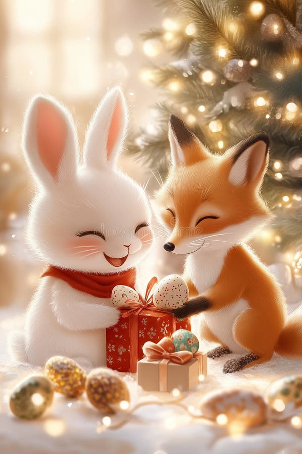 A Bunny and a Fox Joyfully Open Presents by a Beautifully Lit Tree ...