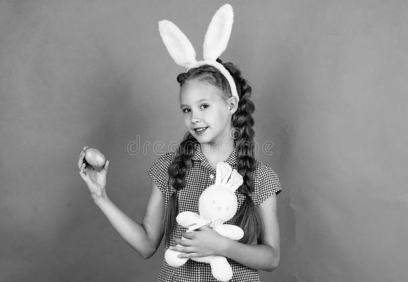 Bunny Girl Hold Easter Rabbit Toy Ready for Egg Hunt, Easter Eggs Stock ...