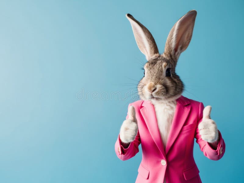 Bunny Giving Thumbs Up in Pink Blazer on Blue Background. Stock Photo ...