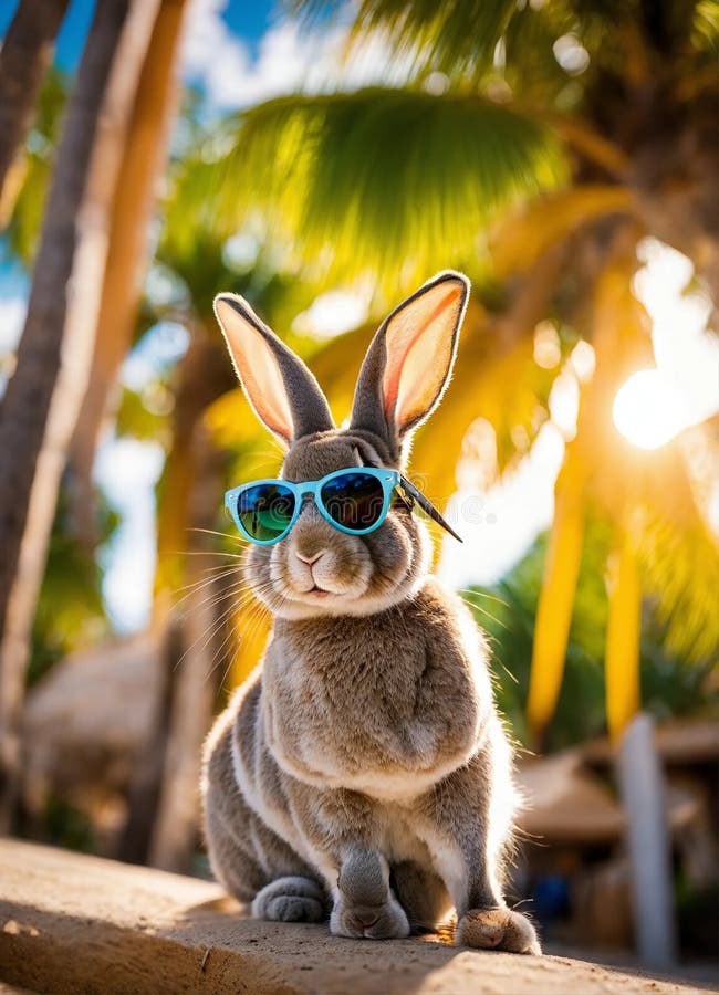 Bunny with Glasses on a Background of Palm Trees. Selective Focus Stock ...