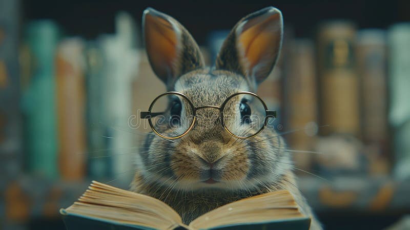 Bunny in Glasses Reading a Book Stock Illustration - Illustration of ...