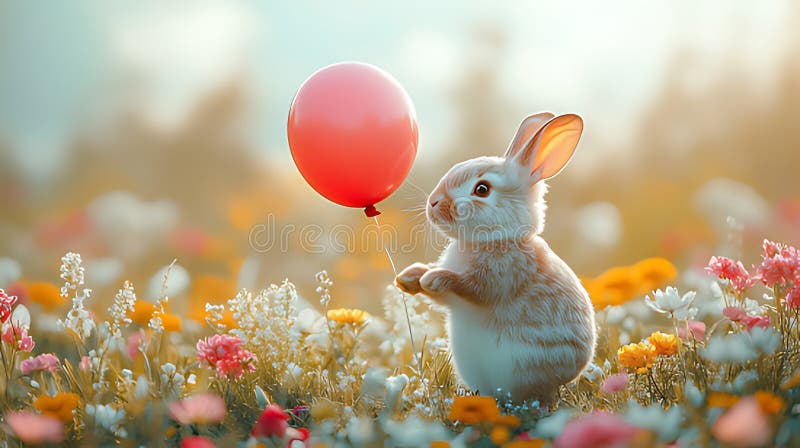 Bunny Holding Balloon in Blooming Meadow, Sunset Stock Illustration ...