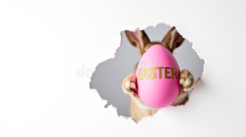 Bunny Holding Pink Easter Egg through Torn Paper for Easter Celebration ...