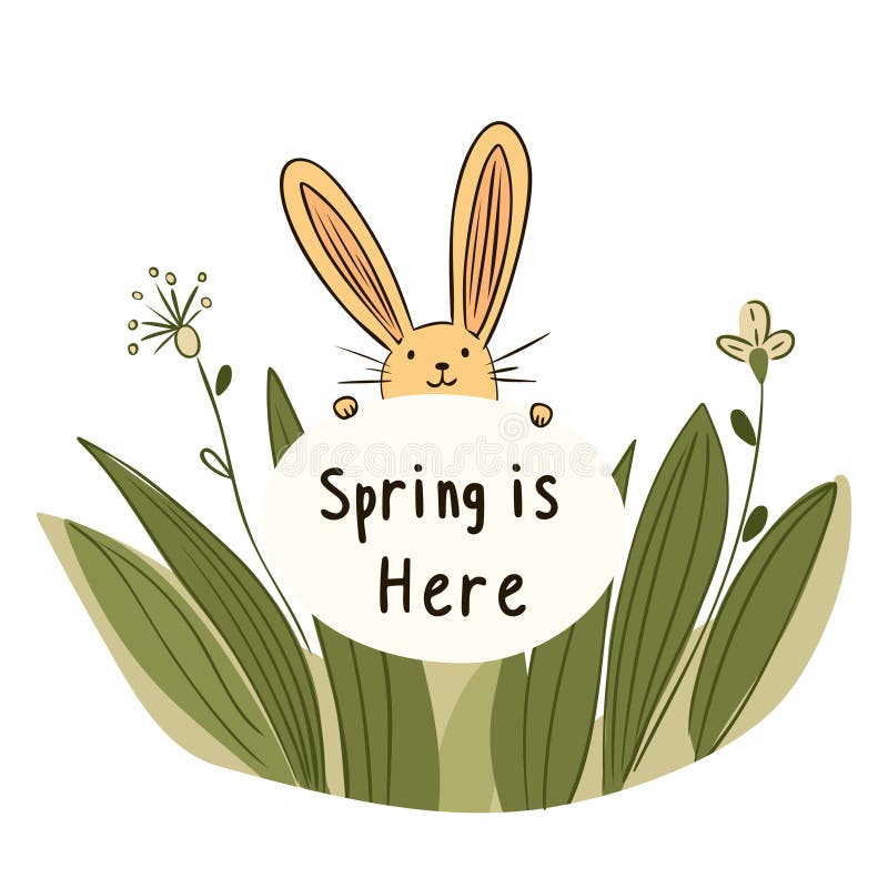 Bunny Holding a Spring is Here Sign with Greenery and Flowers ...