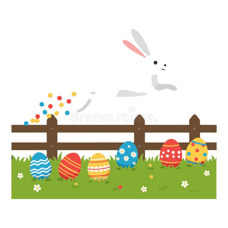 Bunny Hopping Over Colorful Decorated Eggs in Flat Vector Art Stock ...