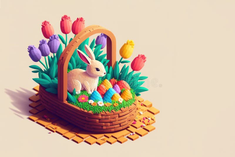 Bunny Inside of Basket with Painted Easter Eggs and Flowers. Voxel Art ...