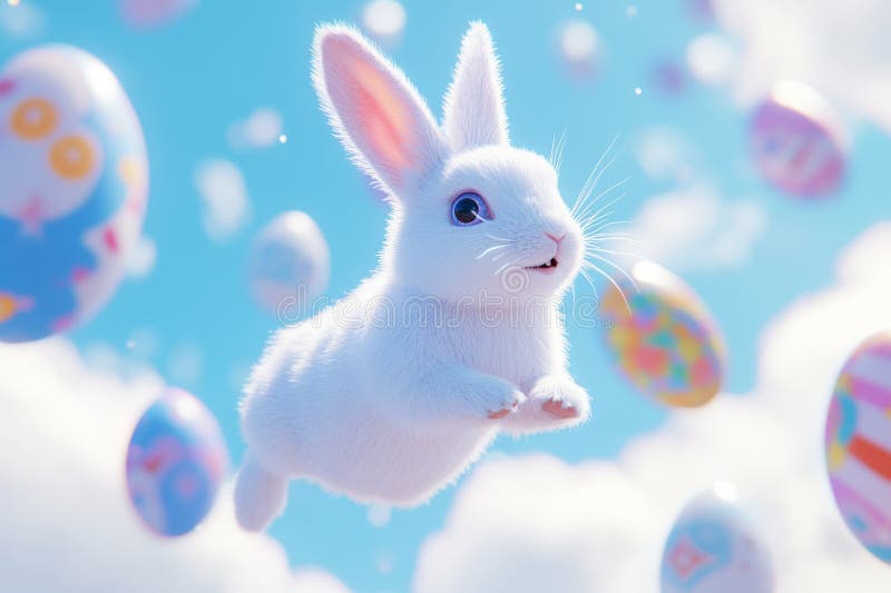 Bunny Jumps Amidst Fluffy Clouds and Vibrant Easter Eggs Stock Photo - Image of decor, playful ...