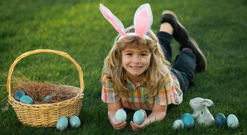 Bunny Kids with Rabbit Bunny Ears. Child Hunting Easter Eggs in ...