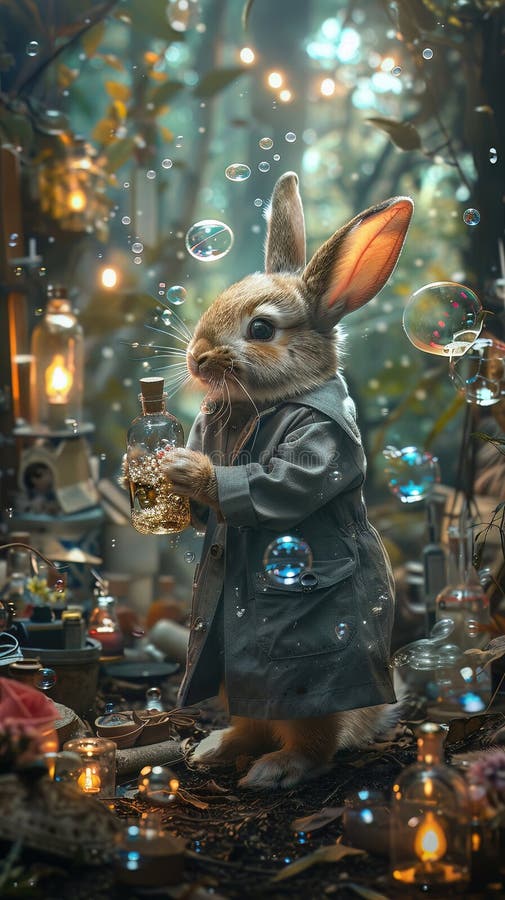 A Bunny in a Lab Coat Mixing Colorful Potions that Explode in Bubbles ...