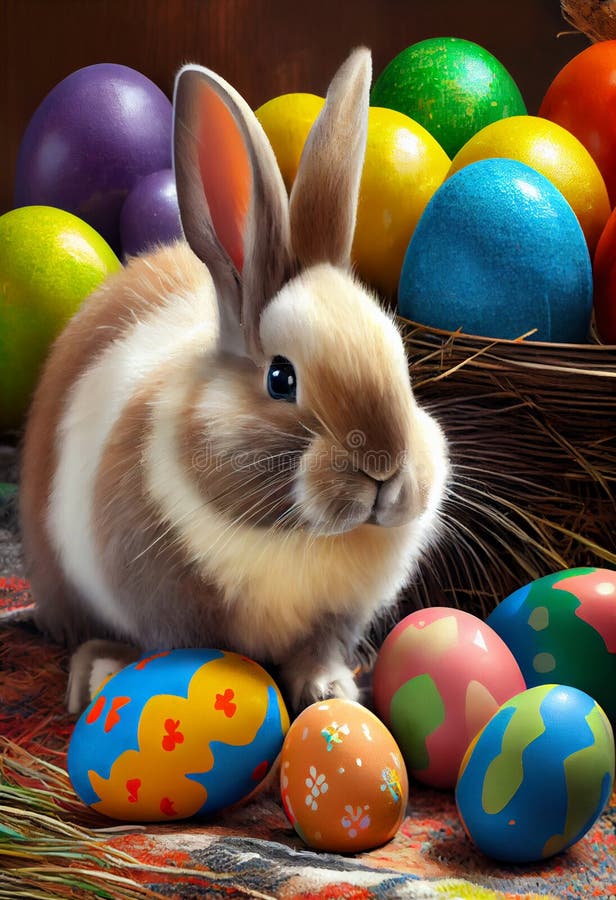Bunny with a Lot of Bright Easter Eggs. AI Generated Stock Illustration ...