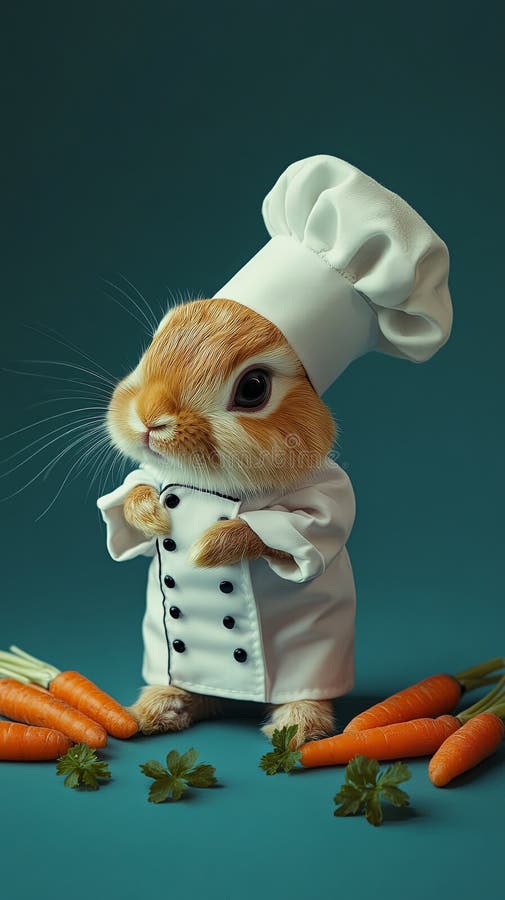A Bunny in a Mini Chef Outfit with Tiny Carrots beside it. Picture ...