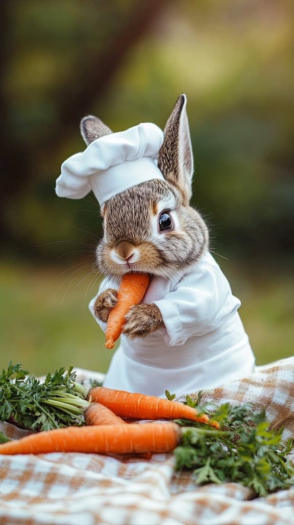 A Bunny in a Mini Chef Outfit with Tiny Carrots beside it. Picture ...