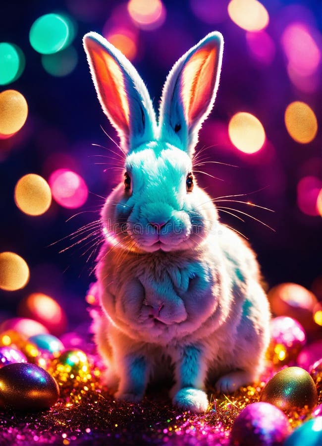 Bunny on Neon Holiday Background. Selective Focus Stock Image - Image ...