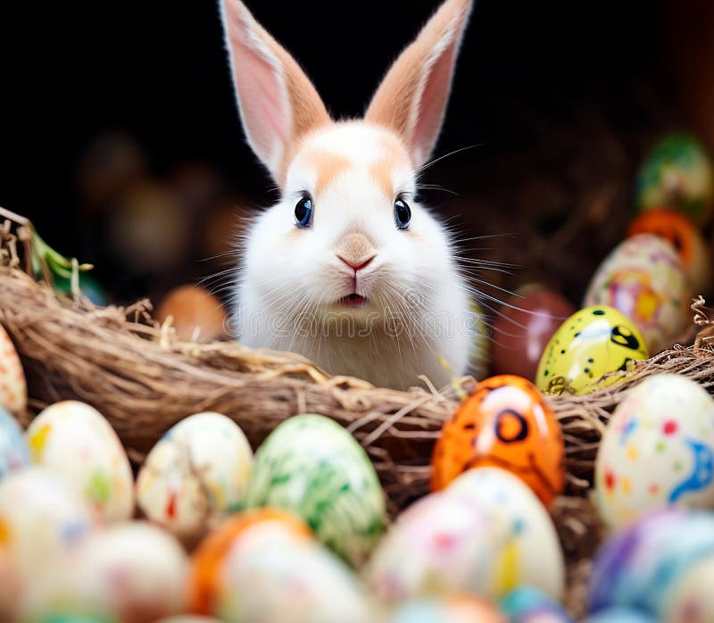 Bunny in a Nest with Colored Eggs Stock Illustration - Illustration of ...