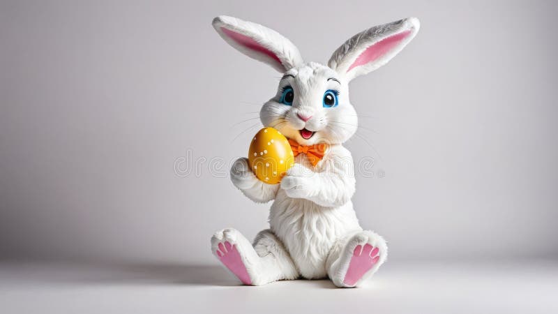 Bunny with Orange Egg and Bowtie Sitting on a Plain White Surface Stock ...